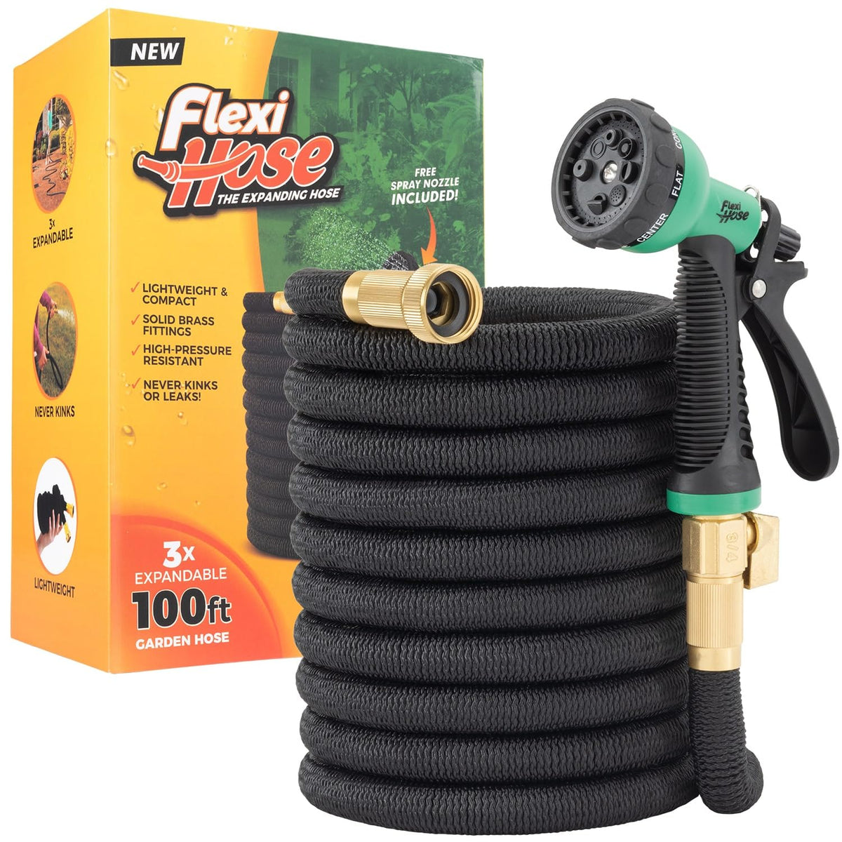 Flexi Hose 100FT 8 Function Nozzle Garden Hose, No-Kink Flexibility ...